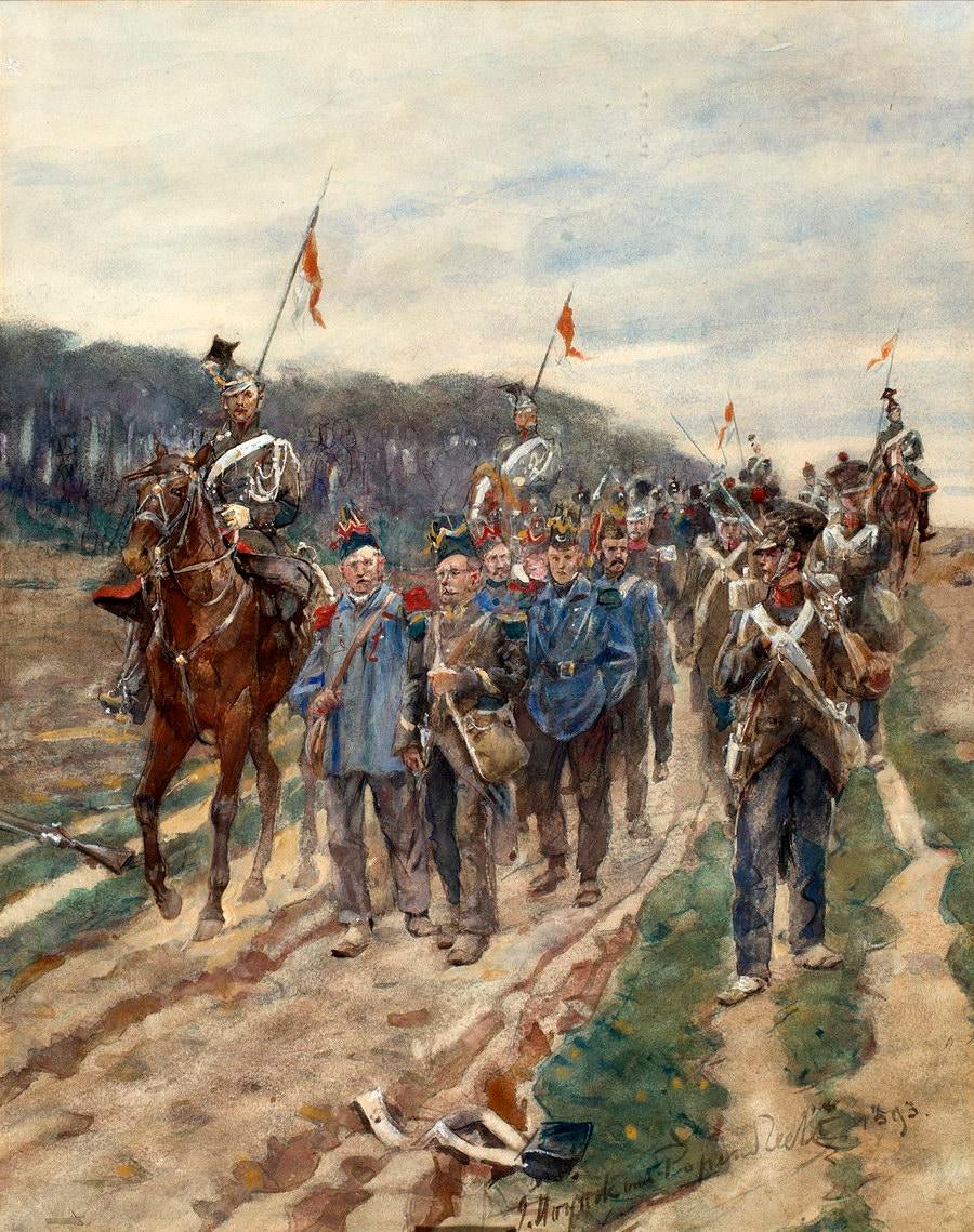 Nederlandse troepen escorteren Belgishe gevangenen tijdens the ...