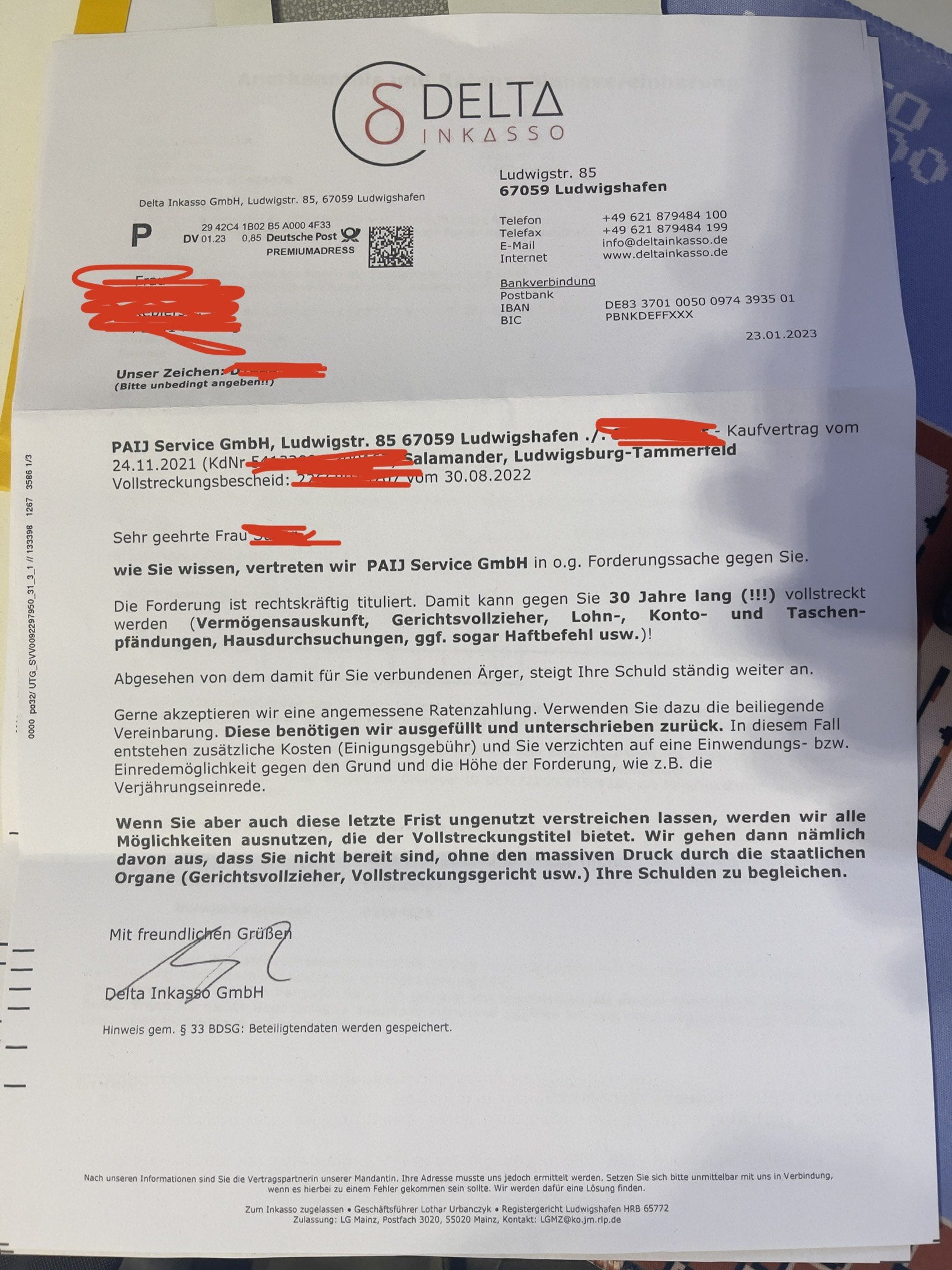 Delta Inkasso letter warning about a fine that I haven't payed ...