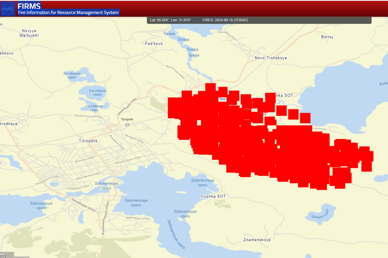 Toropets Ammo Storage Facility Still on Fire (From NASA FIRMS Satellite ...